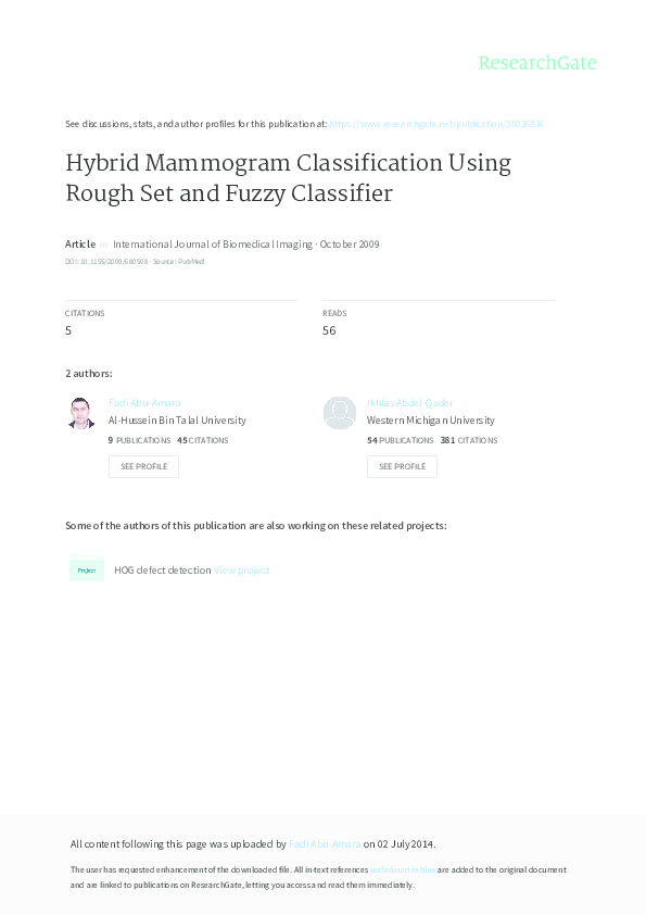 (PDF) Hybrid mammogram classification using rough set and fuzzy classifier