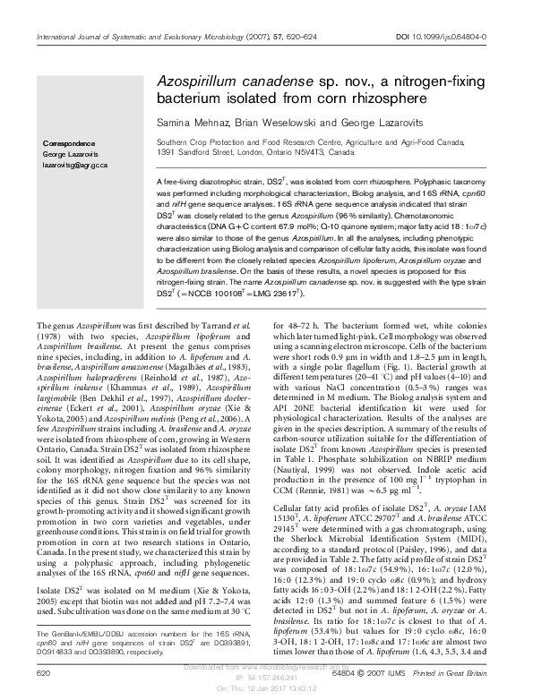 (PDF) Azospirillum canadense sp. nov., a nitrogen-fixing bacterium ...