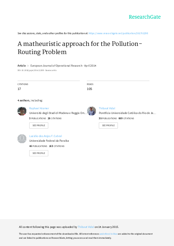 (PDF) A matheuristic approach for the Pollution-Routing Problem