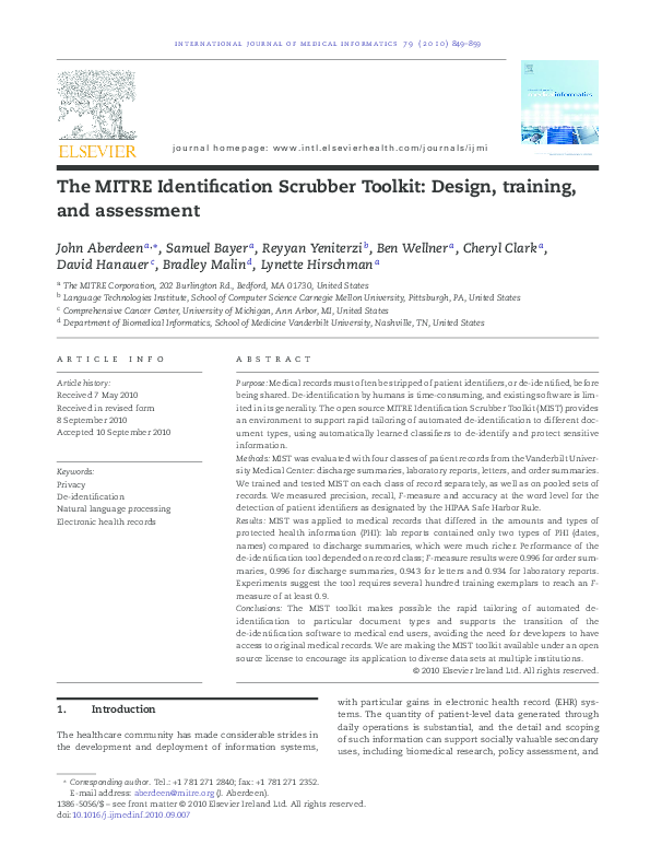 (PDF) The MITRE Identification Scrubber Toolkit: Design, training, and ...