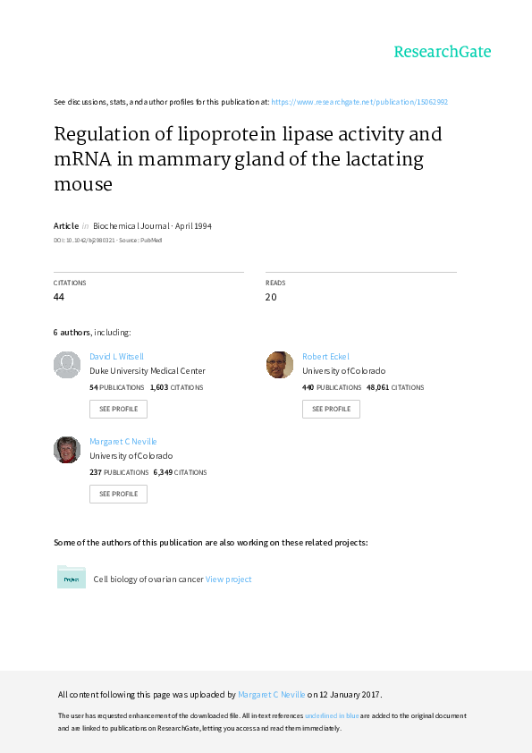 (PDF) Regulation of lipoprotein lipase activity and mRNA in the mammary ...