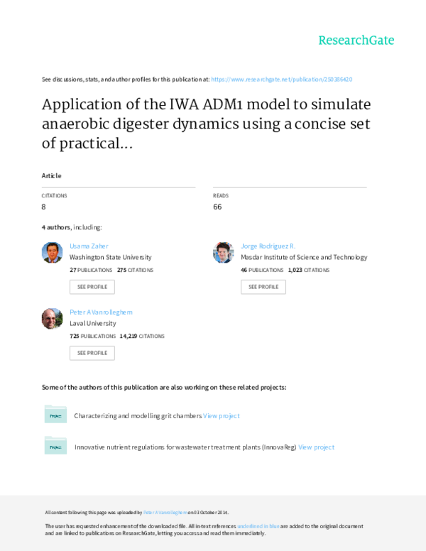 (PDF) Application of the IWA ADM1 model to simulate anaerobic digester dynamics using a concise ...
