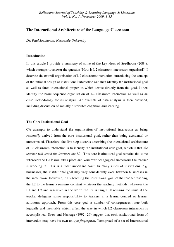 (PDF) The interactional architecture of the language classroom: A conversation analysis perspective