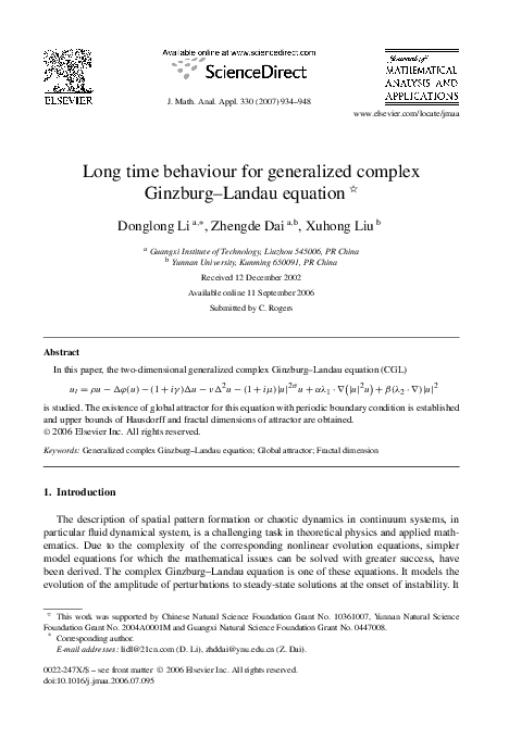 (PDF) Long time behaviour for generalized complex Ginzburg-Landau equation (PDF) Long time behaviour for generalized complex Ginzburg-Landau equation