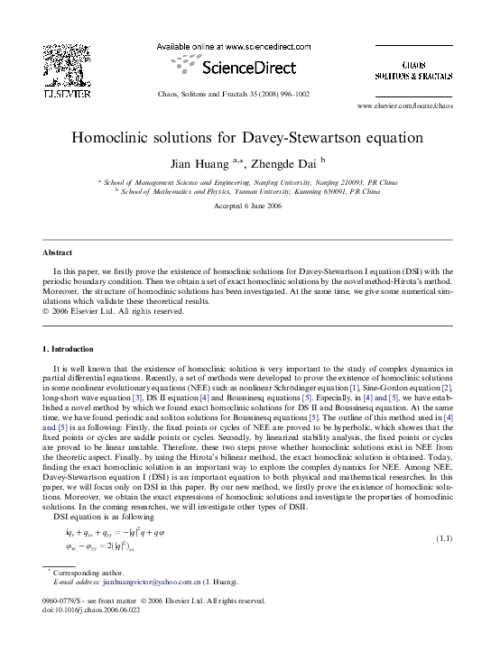 Pdf Homoclinic Solutions For Davey Stewartson Equation