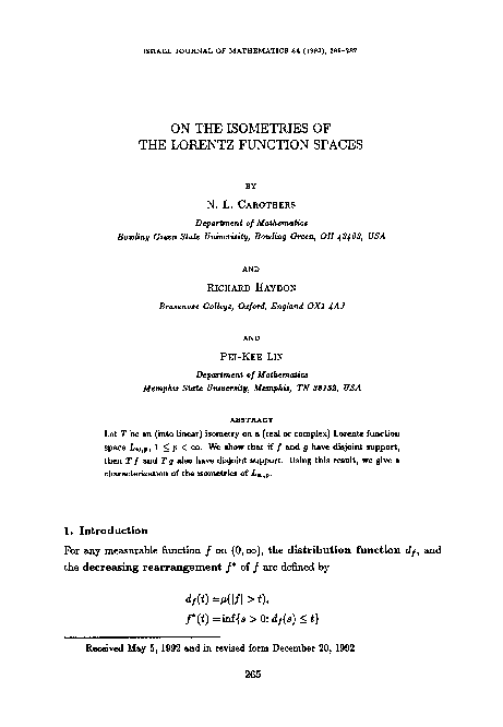 (PDF) On the isometries of the Lorentz function spaces