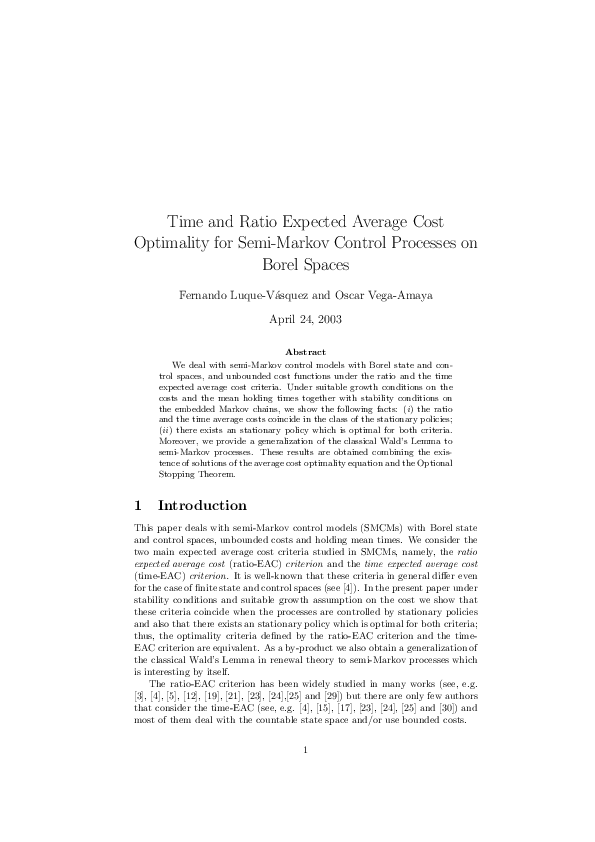 Pdf Time And Ratio Expected Average Cost Optimality For Semi Markov