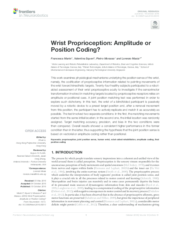 (PDF) Wrist Proprioception: Amplitude or Position Coding