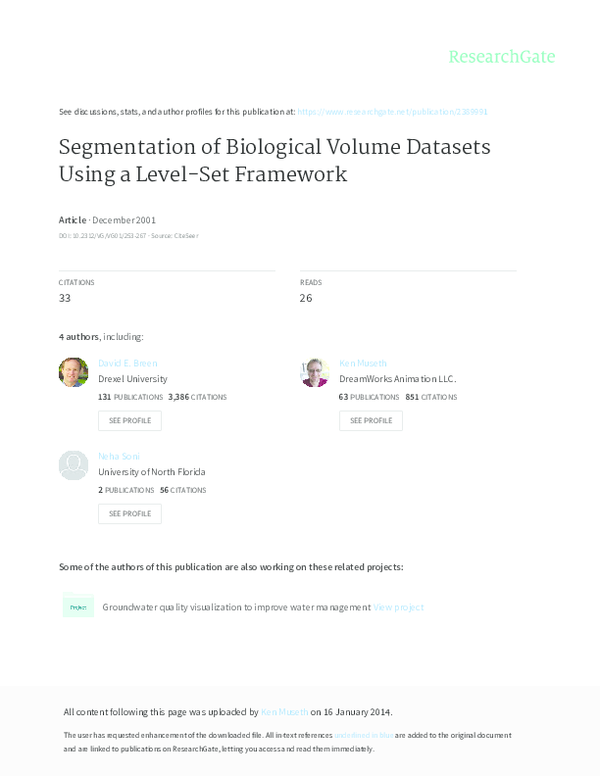 (PDF) Segmentation of biological volume datasets using a level set framework, Volume Graphics 2001