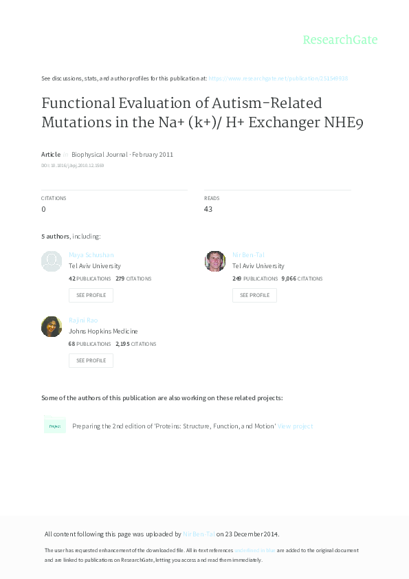 (PDF) Functional Evaluation of Autism-Related Mutations in the Na+ (k+)/H+ Exchanger NHE9