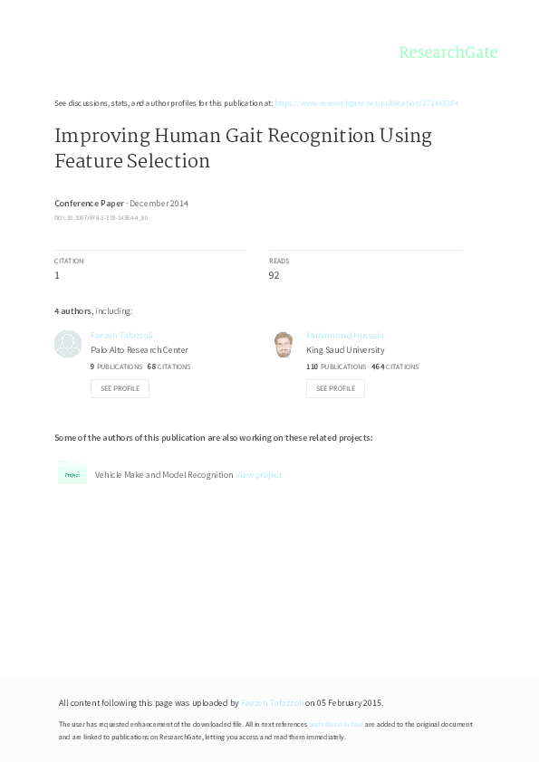(PDF) Improving Human Gait Recognition Using Feature Selection