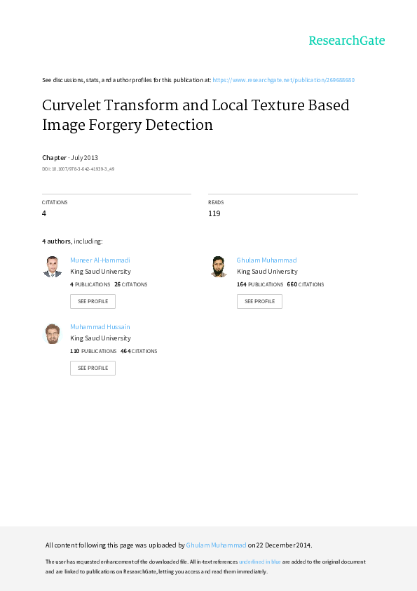 (PDF) Curvelet Transform and Local Texture Based Image Forgery Detection