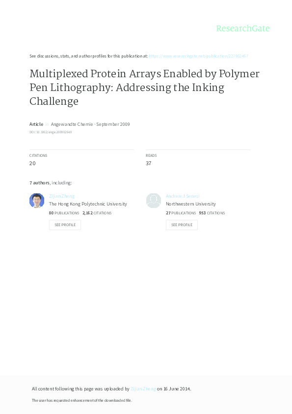 (PDF) Multiplexed Protein Arrays Enabled by Polymer Pen Lithography: Addressing the Inking ...