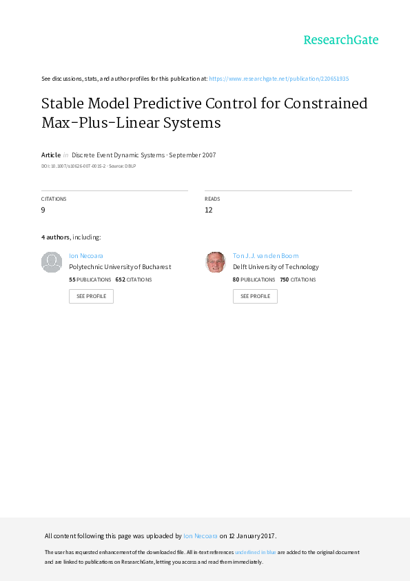 (PDF) Stable Model Predictive Control for Constrained Max-Plus-Linear Systems