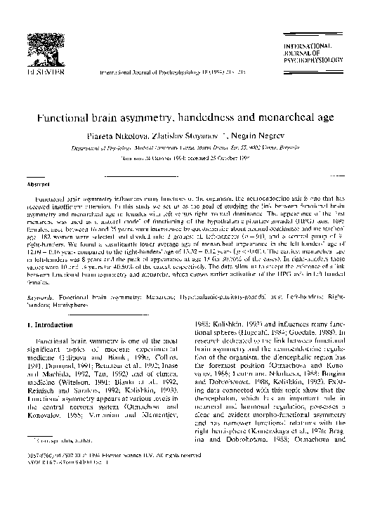 (PDF) Functional brain asymmetry, handedness and menarcheal age