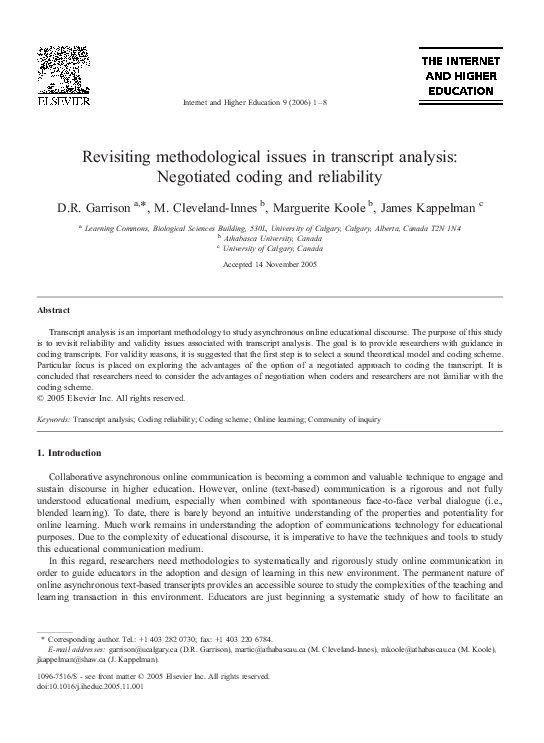 (PDF) Revisiting methodological issues in transcript analysis: Negotiated coding and reliability