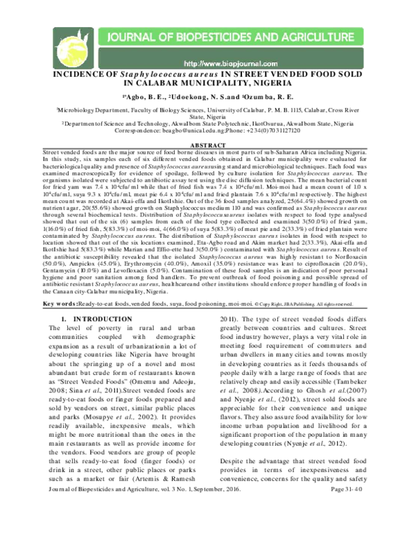 (PDF) INCIDENCE OF Staphylococcus aureus IN STREET VENDED FOOD SOLD IN CALABAR MUNICIPALITY, NIGERIA