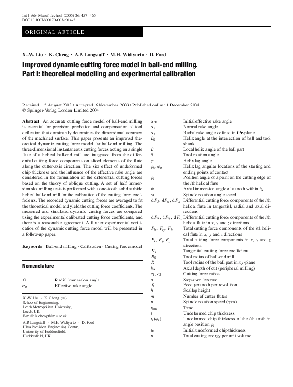 (PDF) Improved Dynamic Cutting Force Model In Ball-End Milling. Part I: Theoretical Modelling ...