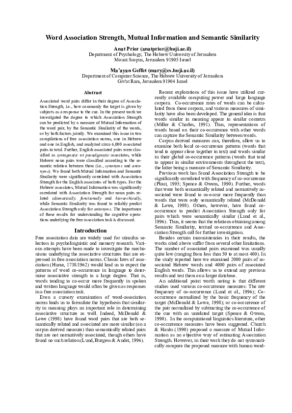 (PDF) Mutual information and semantic similarity as predictors of word association strength ...