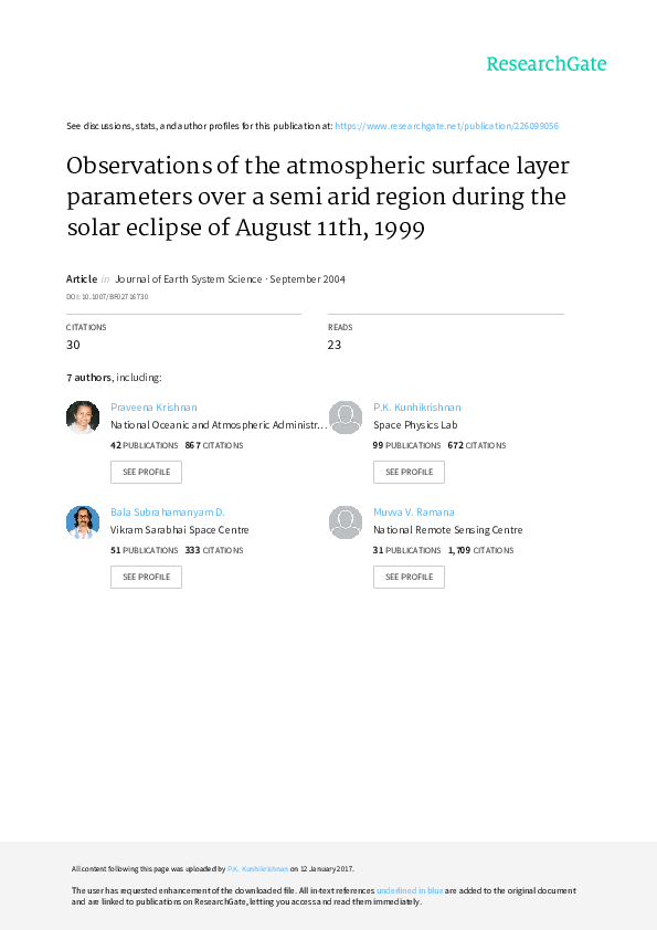 (PDF) Observations of the atmospheric surface layer parameters over a semi arid region during ...