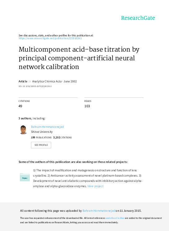 (PDF) Multicomponent acid-base titration by principal component-artificial neural network ...
