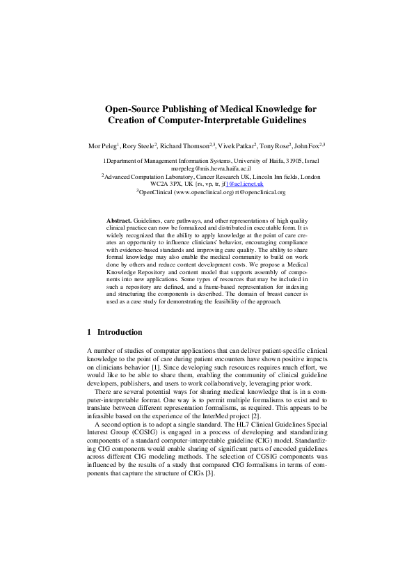 (PDF) Open-Source Publishing of Medical Knowledge for Creation of Computer-Interpretable Guidelines