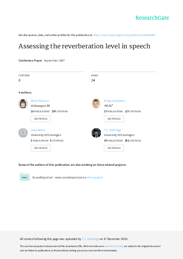 (PDF) Assessing the reverberation level in speech