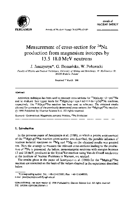(PDF) Measurement of cross-section for 24Na production from magnesium ...