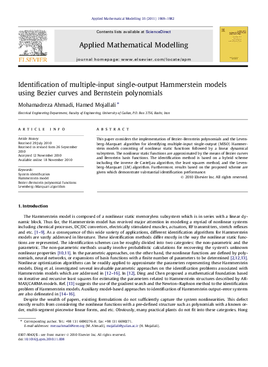 Pdf Identification Of Multiple Input Single Output Hammerstein Models Using Bezier Curves And