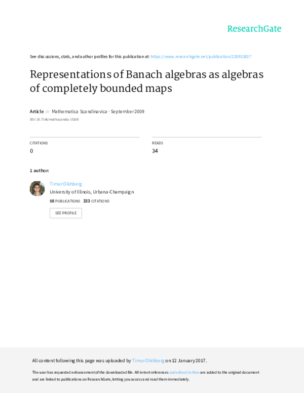 (PDF) Representations of Banach algebras as algebras of completely bounded maps