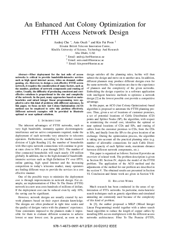 (PDF) An enhanced Ant Colony Optimization for FTTH access network design