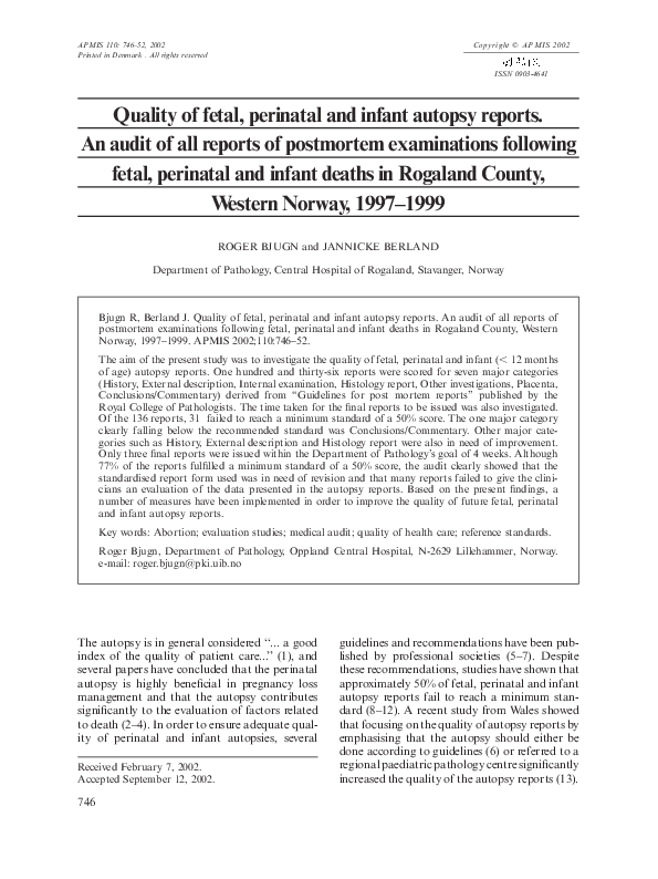 (PDF) Quality of fetal, perinatal and infant autopsy reports. An audit ...