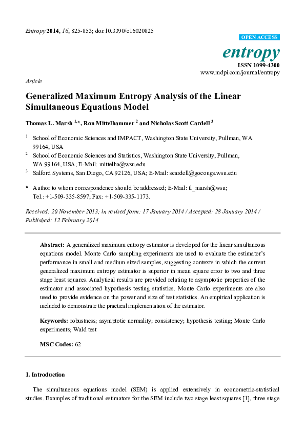 (PDF) Generalized Maximum Entropy Analysis of the Linear Simultaneous Equations Model