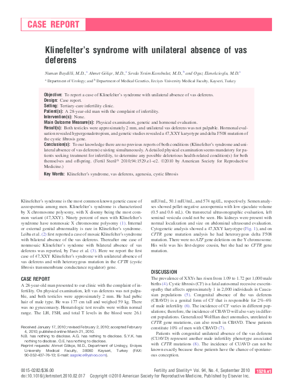 (PDF) Klinefelter's syndrome with unilateral absence of vas deferens