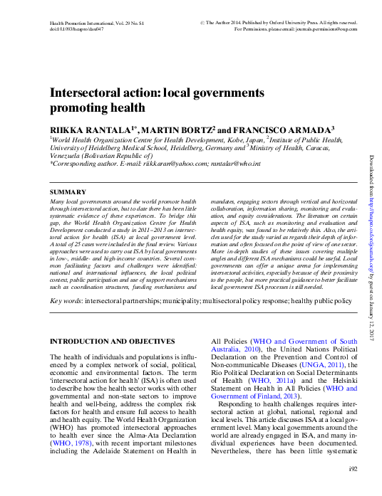 (PDF) Intersectoral action: local governments promoting health
