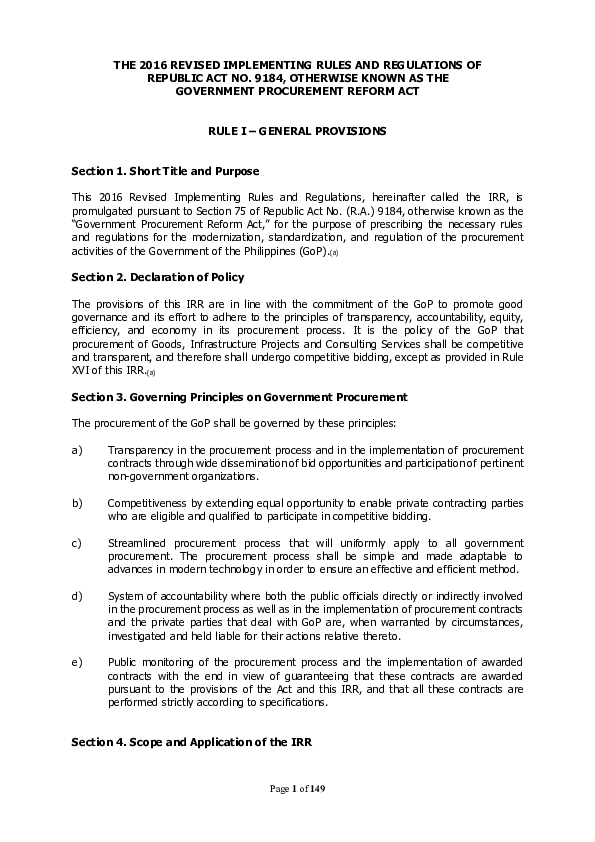 (PDF) THE 2016 REVISED IMPLEMENTING RULES AND REGULATIONS OF REPUBLIC ACT NO. 9184, OTHERWISE ...