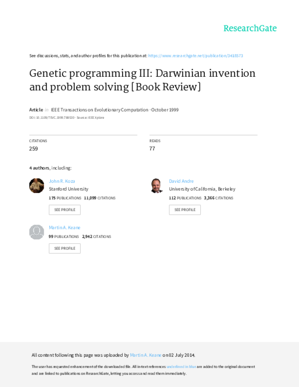 (PDF) Genetic programming III: darwinian invention and problem solving ...