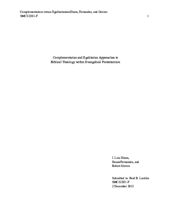 (DOC) Complementarianism and Egalitarianism in Evangelicalism