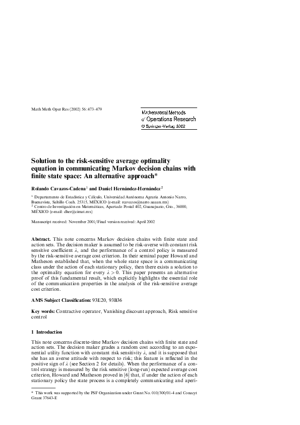 (PDF) Solution to the risk-sensitive average optimality equation in communicating Markov ...