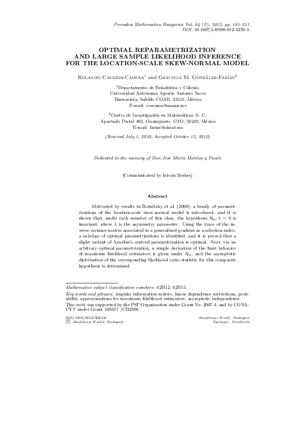 (PDF) Optimal reparametrization and large sample likelihood inference for the location-scale ...