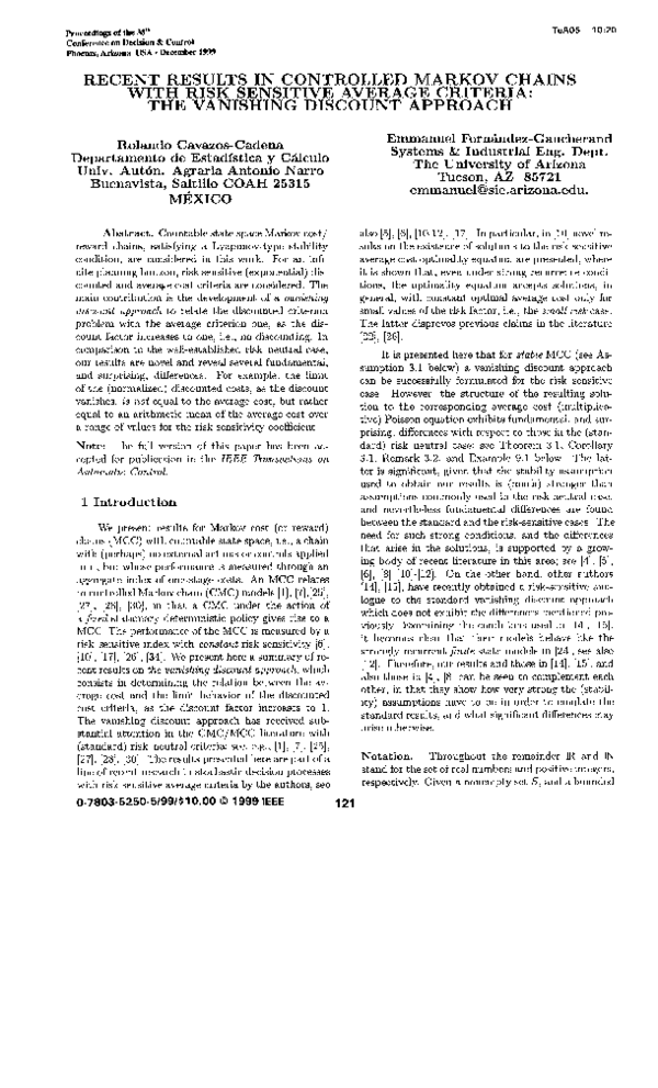 (PDF) Recent results in controlled Markov chains with risk sensitive average criteria: the ...