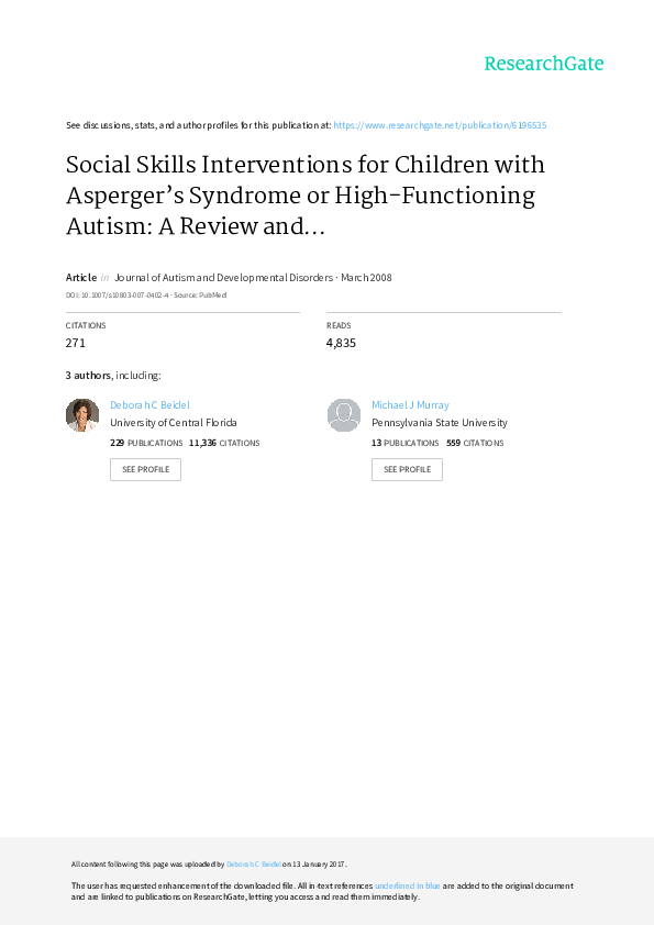 (PDF) Social skills interventions for children with Asperger's syndrome or high-functioning ...