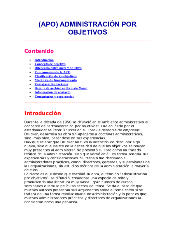 (DOC) APO) ADMINISTRACIÓN POR OBJETIVOS Contenido