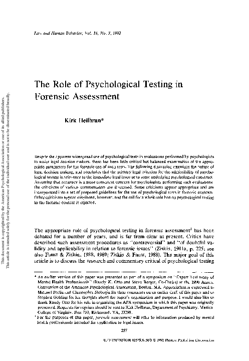 (PDF) The Role Forensic of Psychological Testing Assessment in