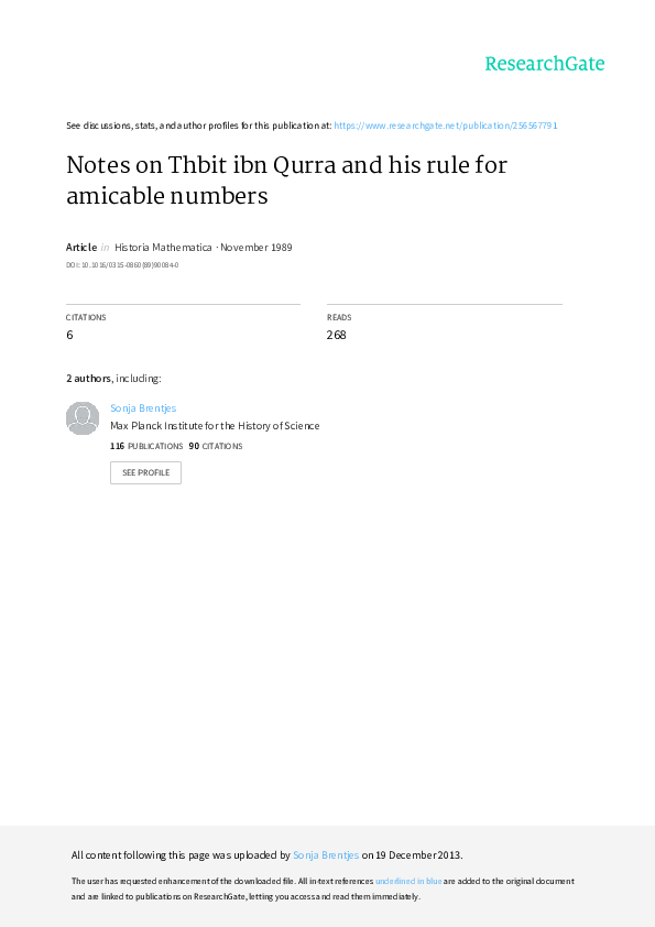 (PDF) Notes on Thabit ibn Qurra and his rule for amicable numbers