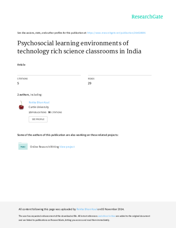 (PDF) Psychosocial learning environments of technology rich science classrooms in India