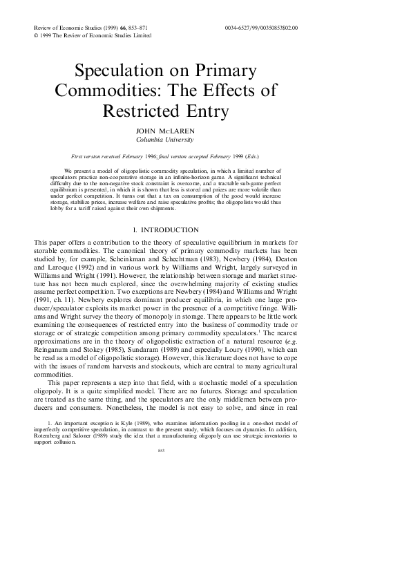 (PDF) Speculation on primary commodities: The effects of restricted entry