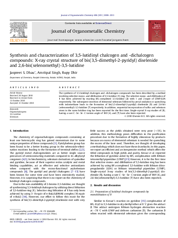 (PDF) Synthesis and characterization of 3,5-lutidinyl chalcogen and ...