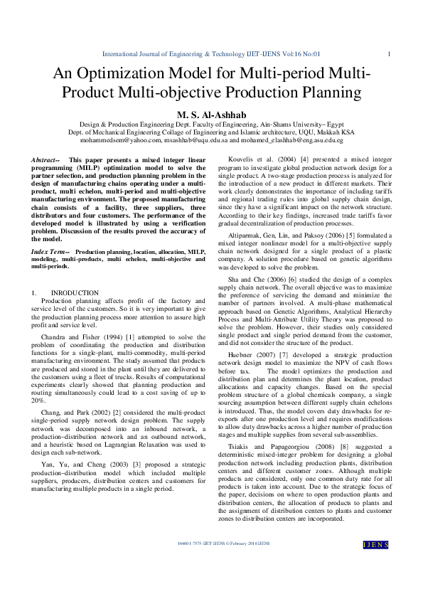 Pdf An Optimization Model For Multi Period Multi Product Multi