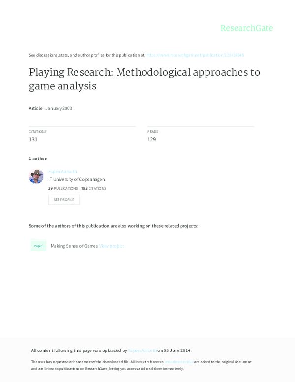 (PDF) Playing Research: Methodological approaches to game analysis